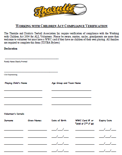 WWC Complicance | Thornlie and Districts Tee-Ball Association